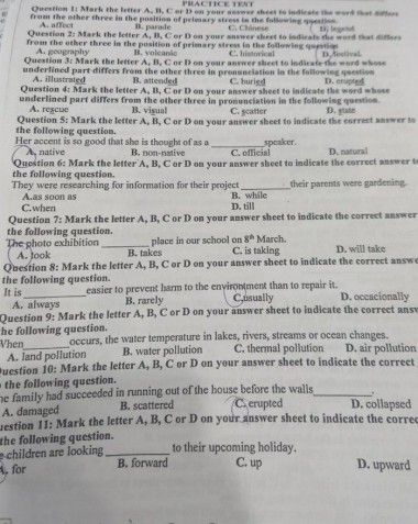 Giải bài tập: Mark the letter A, B, C or D on your answer sheet to indicate the word that ...